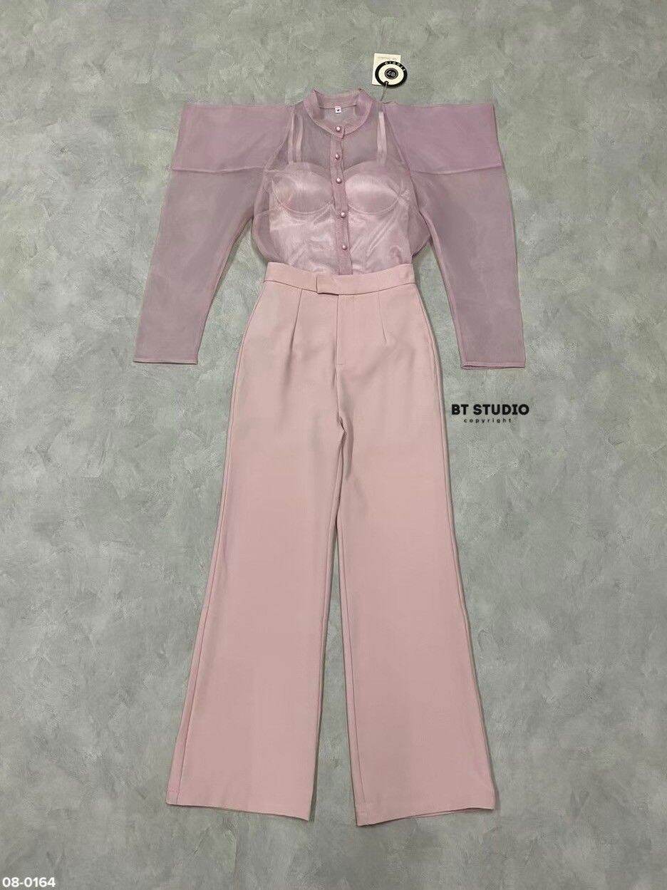 งานป้าย BT-Studio set 3ชิ้นเสื้อเชิ้ตชีฟองแต่งแขนตั้งกระดุมหน้า มาพร้อมเสื้อครอปสายเดี่ยว ...