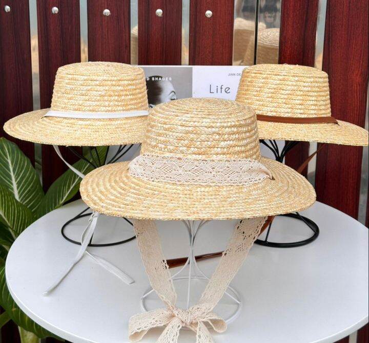 หมวกสานปีกกว้างหญิง ทรงเค้กแต่งคาด{9ซม.} สินค้าพร้อมส่ง E070 | Lazada.co.th
