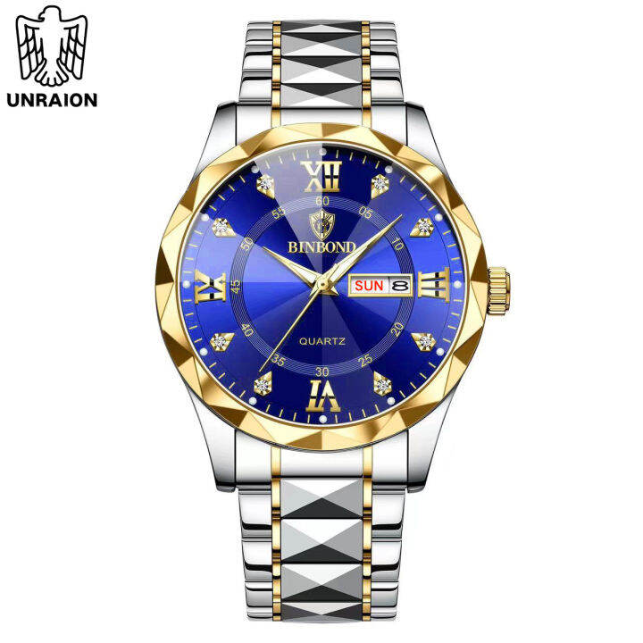 UNRAION นาฬิกาข้อมือสำหรับผู้ชายของแท้กันน้ำสว่างปฏิทินคู่เพชรแหลม ...
