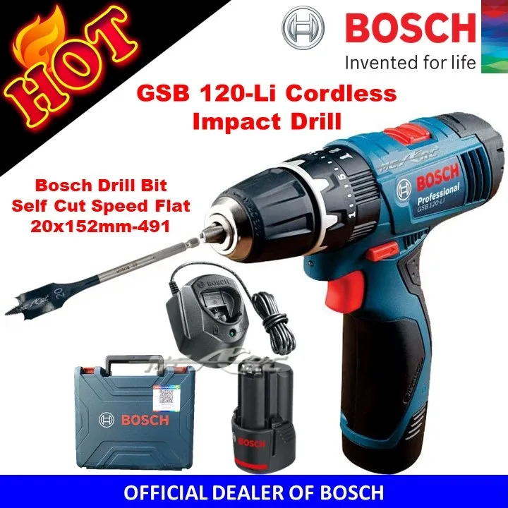 Bosch GSB 120 Li Cordless Impact Drill with Bosch Drill bit Self Cut ...