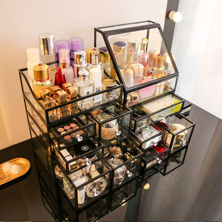 TOP/1/2/3 Drawers ABS + Glass Cosmetic Drawers Makeup Jewelry Storage ...