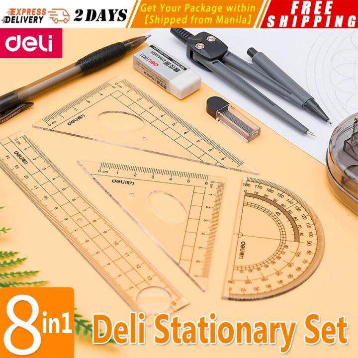 8 In 1 Deli Drafting Set Drawing Ruler Set Squares Protractor Compass ...