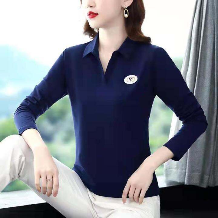 M-5xl 100กิโลกรัมสามารถสวมใส่ขนาดพิเศษเกาหลีคอตั้งแขนยาวเสื้อยืดสำหรับสตรีเสื้อโปโลกีฬาลำลองหลวม ...