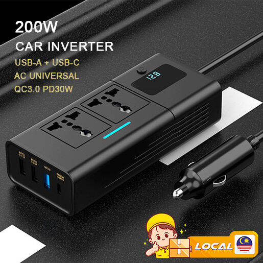 200W Car Power Inverter 12V to 220-240V AC Universal Socket USB-C USB-A ...