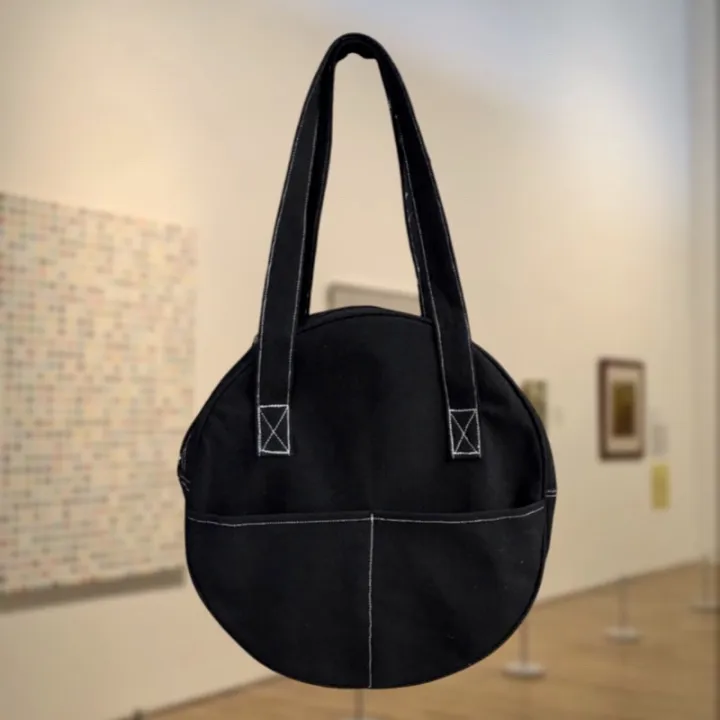ready stock Black Contrast-Stitched Canvas Round Tote Bag ...