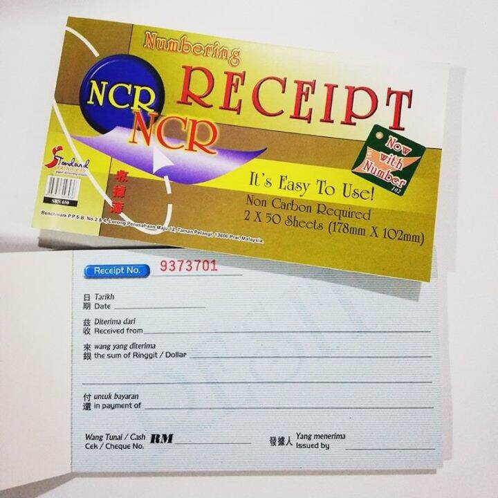 Standard SRN650 Numbering NCR Receipt Book 2 x 50 sheets | Lazada