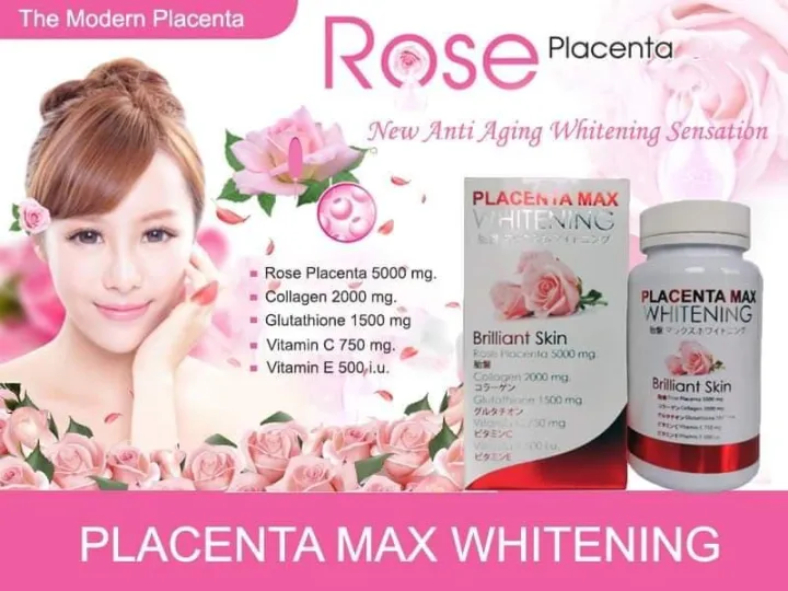 Placenta Max Whitening Rose Placenta Extract Capsules 5000mg with Free ...