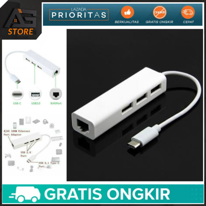 (BERKUALITAS) Adapter USB Type C Lan with 3 Port USB HUB colokan kabel data adaptor otg ...