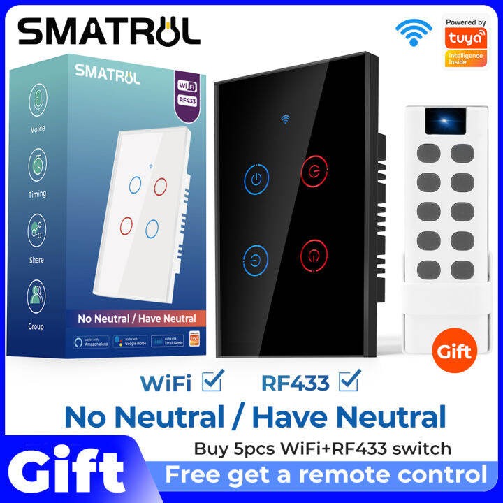 SMATRUL WiFi Switch Smart Wall Light Switch Black 4 Gang No need ...