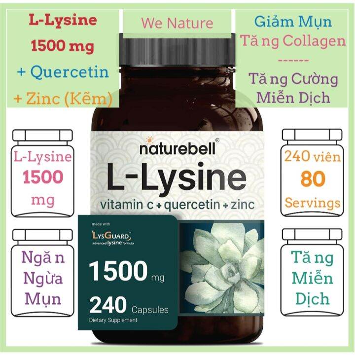 Viên L-Lysine 1500mg - 240 Viên + Quercetin + Zinc Kẽm - Giảm Mụn ...