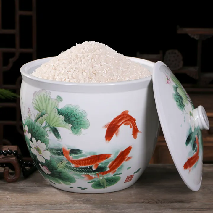 Ceramic rice jar with lid, rice barrel, coarse grain storage tank, rice ...
