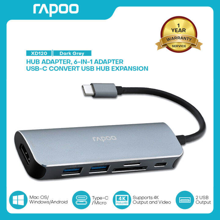 Rapoo XD120 Hub Adapter, 6-in-1 Adapter USB-C Convert USB Hub Expansion ...