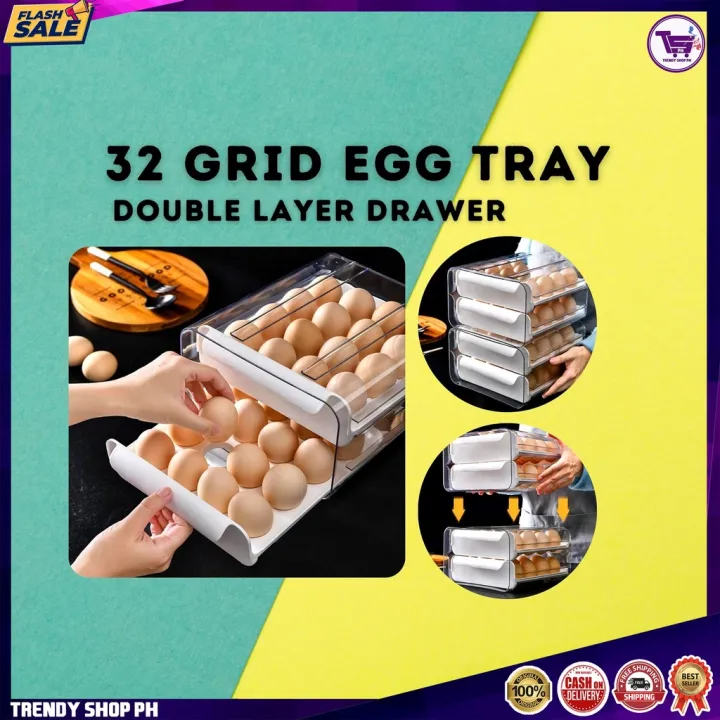 Original 32 Grid Egg Tray Double Layer Drawer Type Egg Storage, Lagayan ...