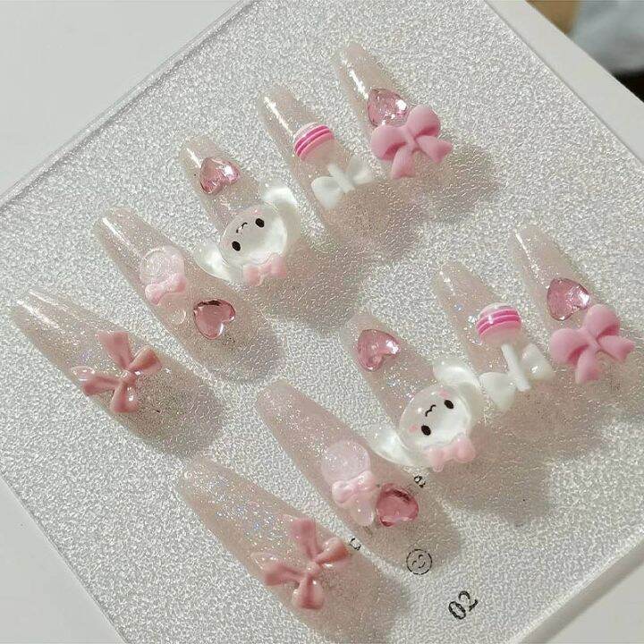 24pcs Cinnamoroll Girl Long Fake Nail Set Sanrio Full Cover Fakes Nails
