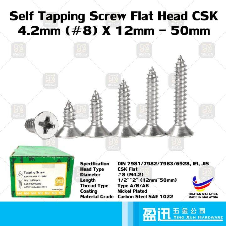 Self Tapping Screw Skru Kayu & Plastik CSK Flat Head #8(4.2mm) x 12mm ...