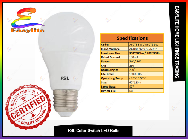 -Easylite- FSL 5W/9W TRI-COLOR LED BULB E27 SOCKET | Lazada PH