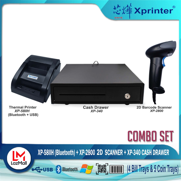 Xprinter XP-2800 2D 2.4G Wired Barcode Scanner + XP-58IIH Bluetooth Thermal Cash Receipt POS ...