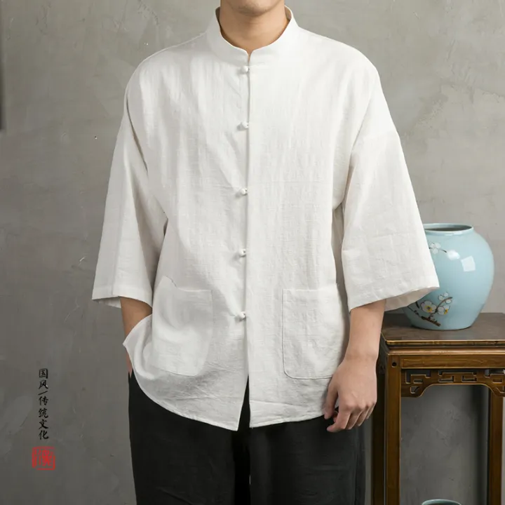🏅 Chinese Style Linen Shirt Men's Summer Thin Cotton Linen 34 Sleeve ...