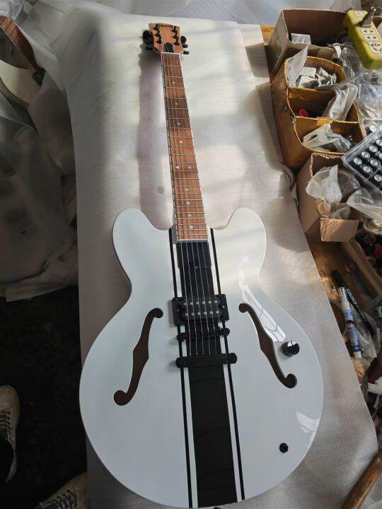 Tom Delonge Semi Hollow Body White Black Stripe Electric Guitar Black ...