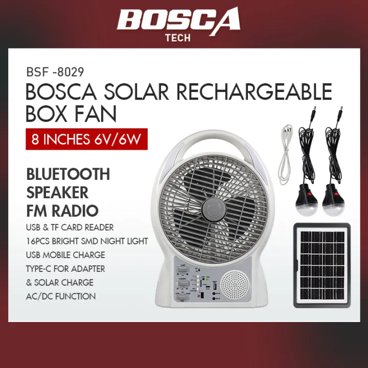 BOSCA Solar rechargeable BOX fan 8 inches with solar panel 6V 6W Desk ...