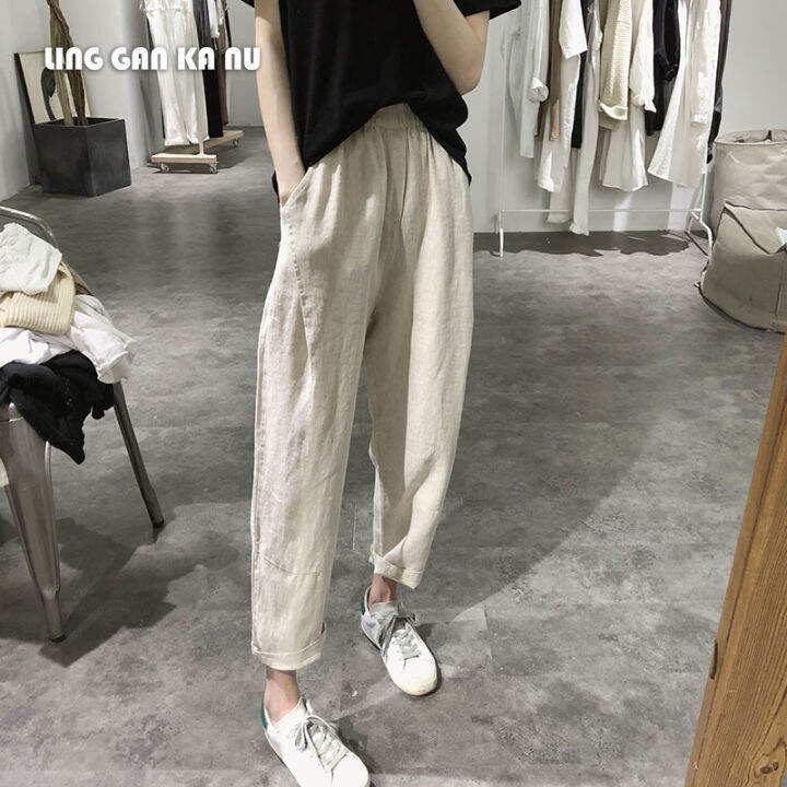 LING GAN KA NU กางเกงผ้าฝ้ายผ้าลินินฮาร์ลานสตรีฤดูร้อนเอวสูงหลวมบาง ...