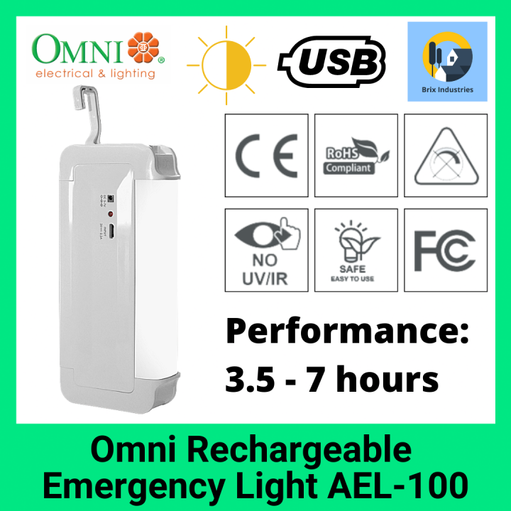 Omni LED Rechargeable Emergency Light AEL-100 Handy and Portable with USB Charging Port Brix ...