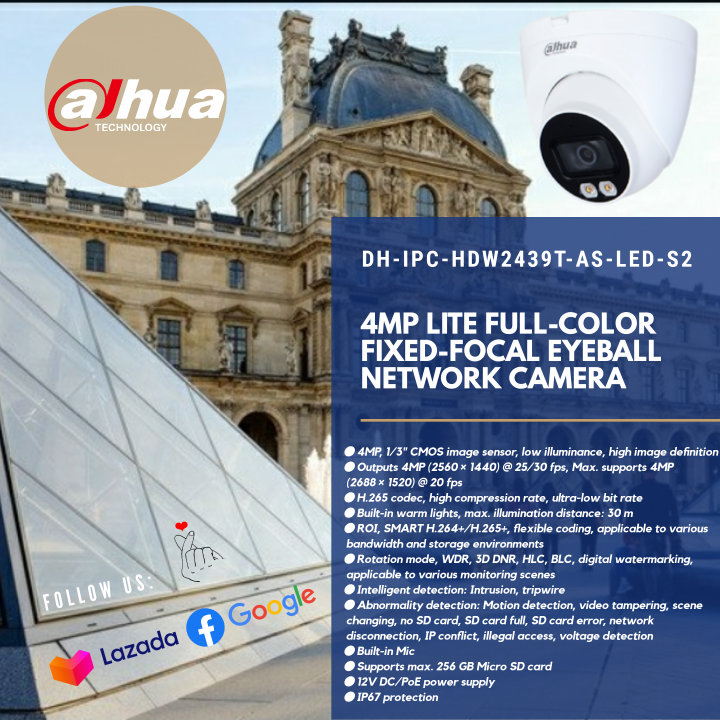 DH-IPC-HDW2439T-AS-LED-S2 4MP Lite Full-color Fixed-focal Eyeball Network Camera | Lazada PH