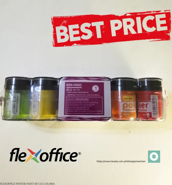 Flexoffice Poster Paint Set 12 Colors POSCO-02 Premium Colors, 15ml ...
