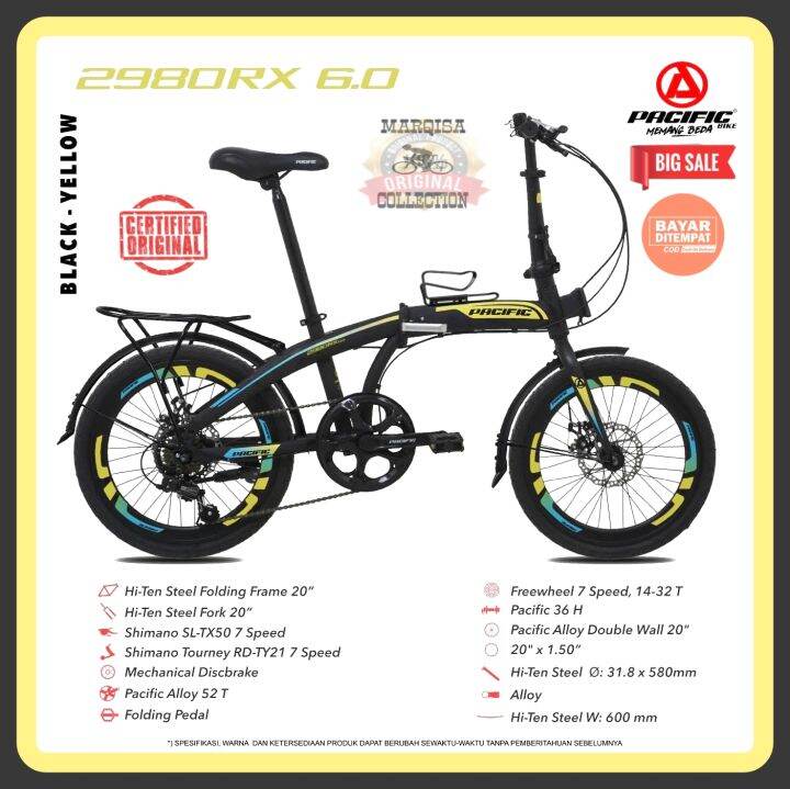 Sepeda Lipat 20 Inch Pacific 2980 RX 6.0 Folding Hi-Ten 7 Speed Cakram ...