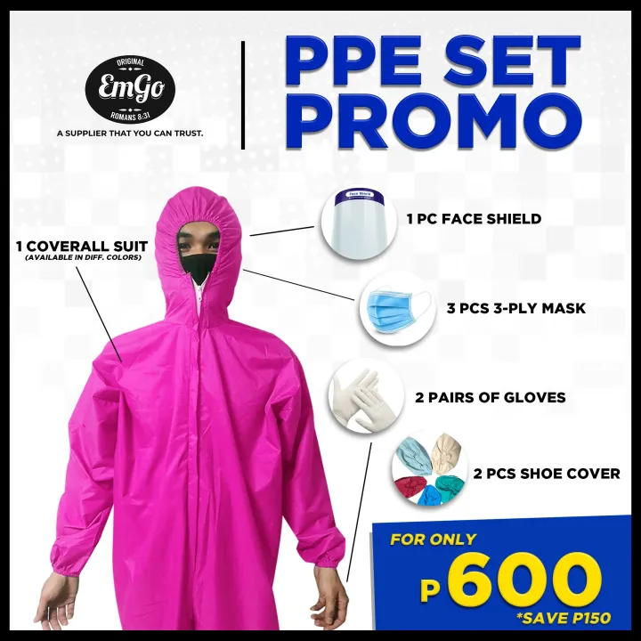 PPE SET PROMO PINK ( 1 Coverall suit, 1 Face Shield, 3 pcs 3-ply Mask ...