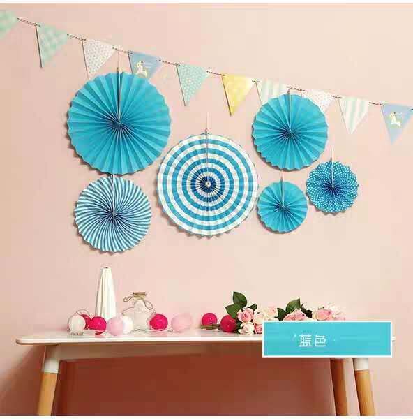 (6 in 1) Light blue colour Paper fan flower decoration set birthday ...
