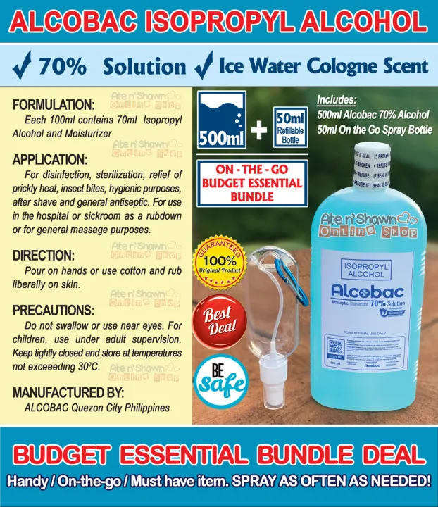 Alcobac 70% Isopropyl Alcohol 500ml & On the Go Bottle Sprayer BUNDLE ...