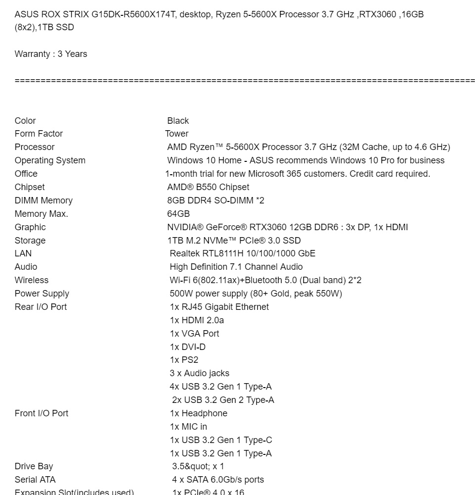 ASUS ROX STRIX G15DK-R5600X174T, desktop, Ryzen 5-5600X Processor 3.7 ...