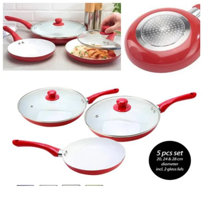 Ceramic Pan Set (Red) Nonstick Fry Pan - Induction Compatible ...