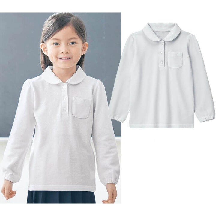 Girls Summer Pure Cotton Mesh White Long Sleeve T-shirt Polo Shirt ...