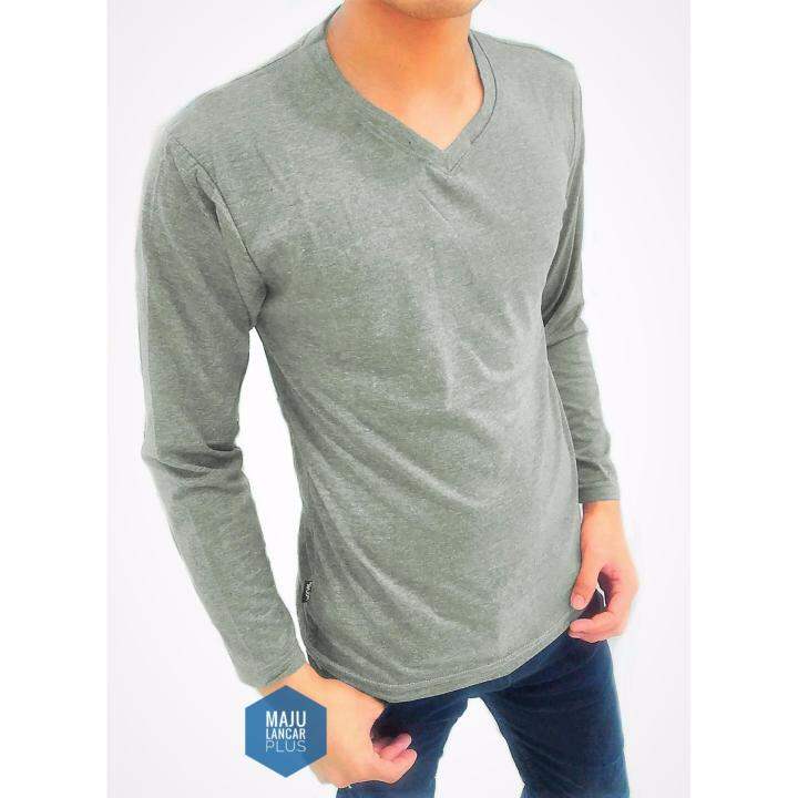 Kaos Pria - V Neck Lengan Panjang - Rare Polos - warna Abu2 Muda - All ...