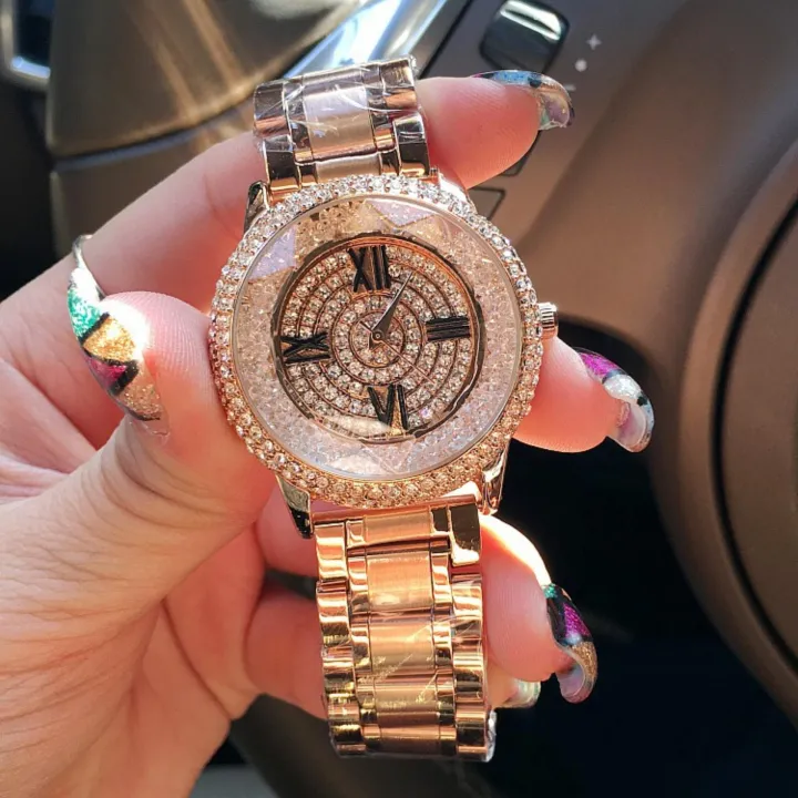 Mashali นาฬิกาเพชรหรูหราสแตนเลสสายคล้องเจาะโรมันตัวเลขทองคำสีกุหลาบ ...