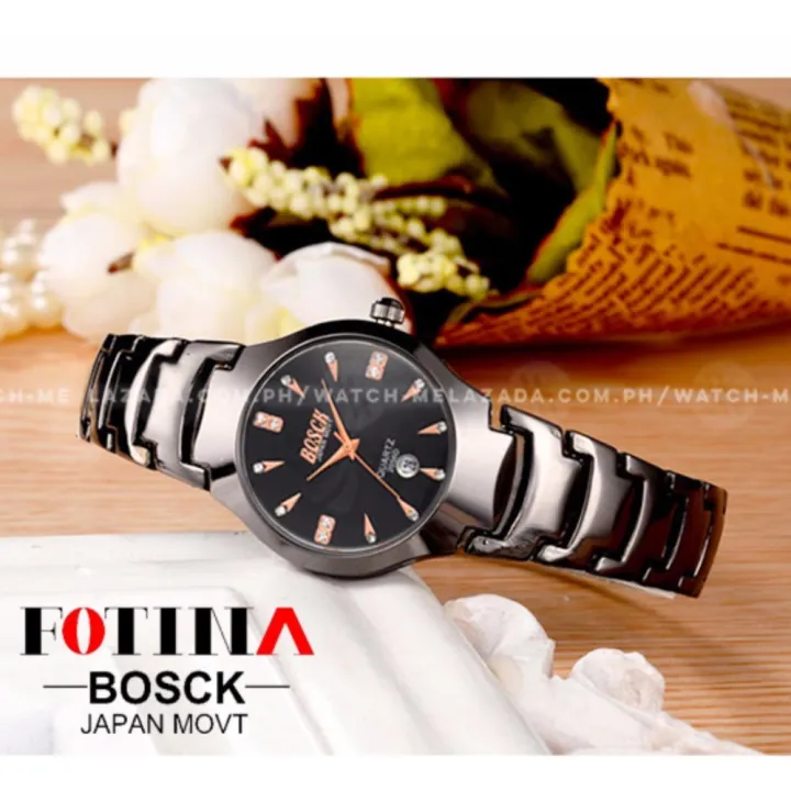 BOSCK Women's Russian Radiant Ridged Black Stainless Steel Strap Watch ...