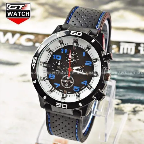 GT Men's Sports Racing Chronograph Style White Rim Black Silicone Strap ...