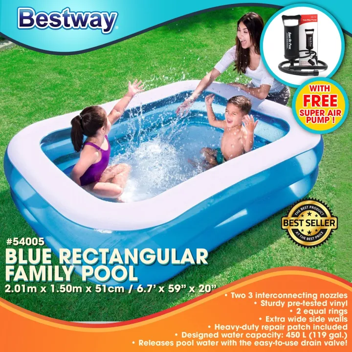 Bestway Portable Blue Rectangular Family Pool With FREE Super Air Pump ...