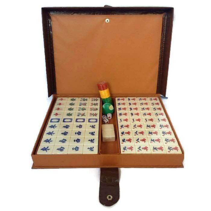 Mahjong Set of 144 Cream Mahjong Tiles in Brown Briefcase Standard Size ...