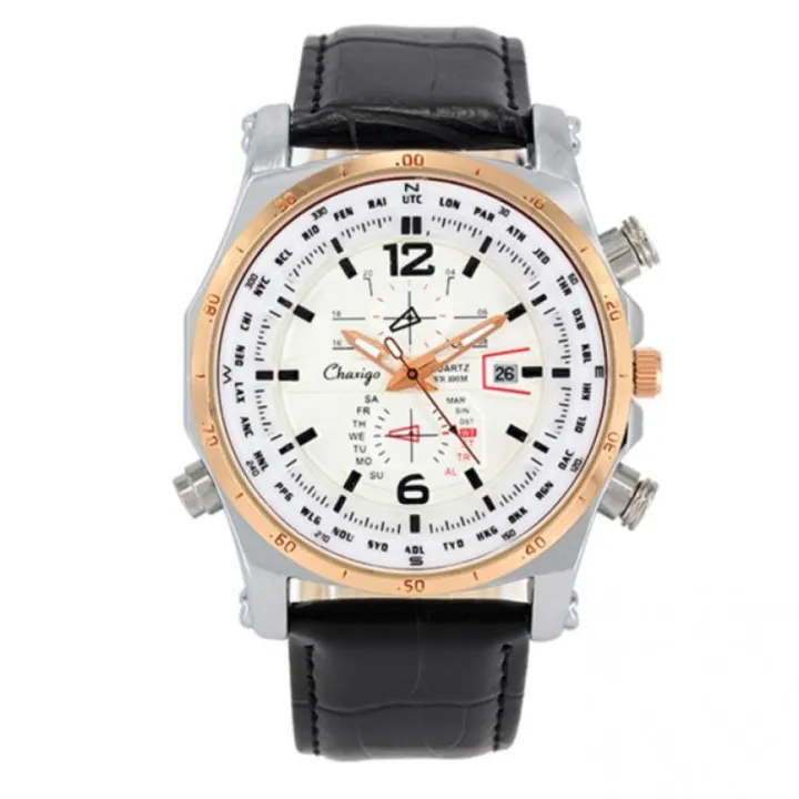 Chaxigo Men’s Multi-Time Zone Travellers Black Leather Strap Watch ...