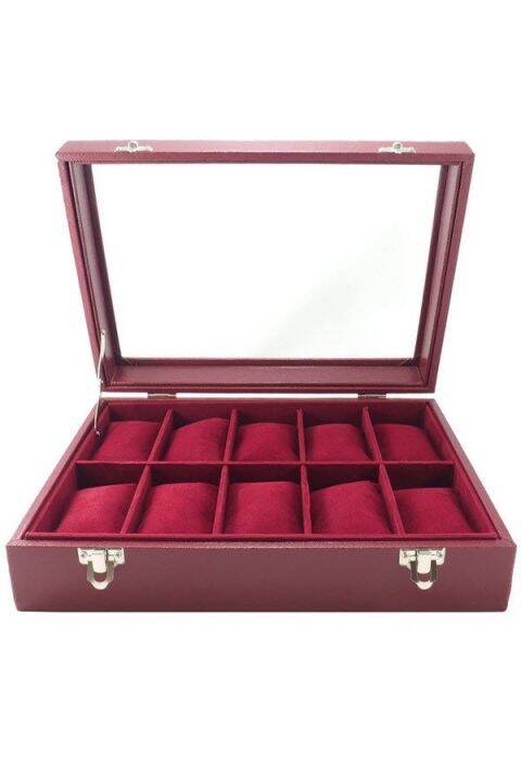 Fancybox ตู้นาฬิกาไม้บุหนังเรือนเจาะฝากระจก สำหรับนาฬิกา 10 เรือน - Red ...