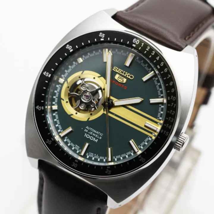 SEIKO SPORTS 5 SEMI SKELETON Automatic สีเงิน/สีดำ/สีเขียว สายหนัง รุ่น ...