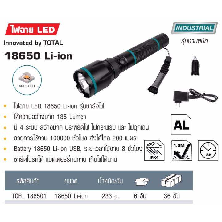 TOTAL ไฟฉาย LED 18650 Li-ion รุ่นชาร์ทไฟ TCFL186501 | Lazada.co.th